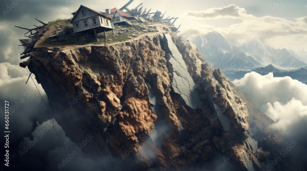 This image conveys the notion of a modest dwelling perched precariously ...