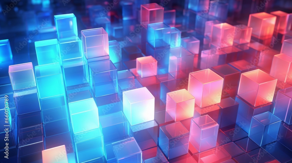 A visual design with a 3D background featuring glass squares emitting ...
