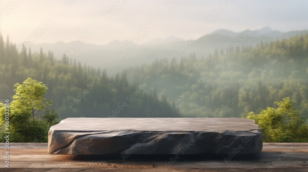 This 3D illustration depicts a modest stone podium set upon a rocky ...