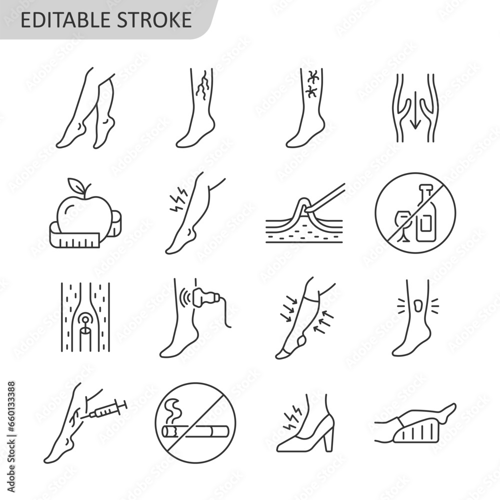 Varicose veins line icon set. Leg veins thrombosis disease. Treatment ...