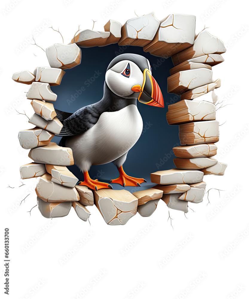 Cute puffin busting through a crack in the brick wall, isolated ...