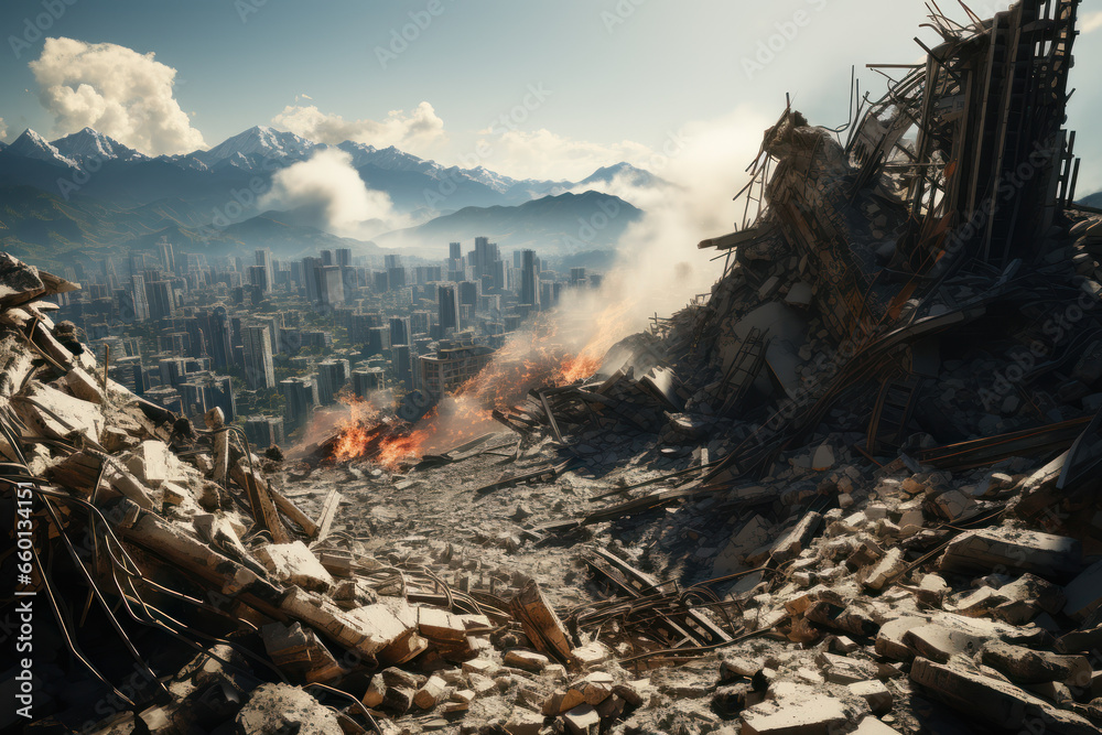 A crumbling skyscraper after an earthquake, highlighting the ...