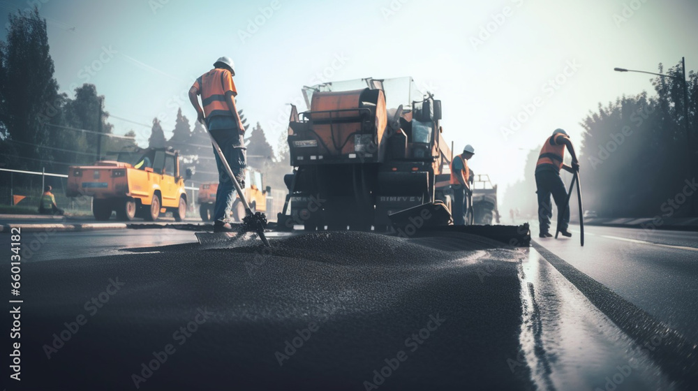 Construction site is laying new asphalt road pavement,road construction ...