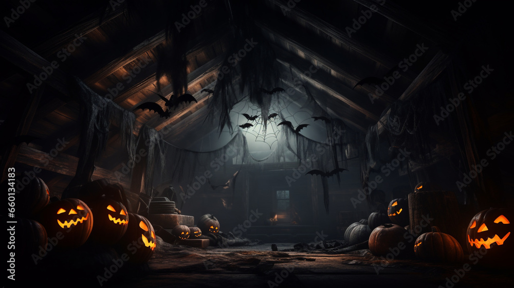 A spooky attic with cobwebs and pumpkins, their eyes providing the only ...