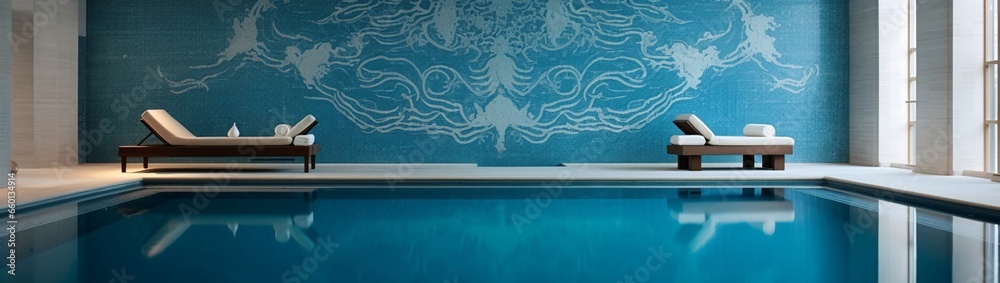 An indoor swimming pool with azure waters, the wall tiles around ...