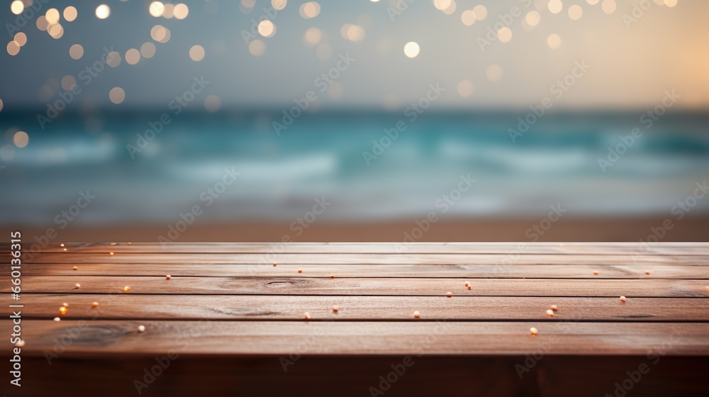 Wooden Table on the Beach with Bokeh Ocean Background, Mediterranean ...