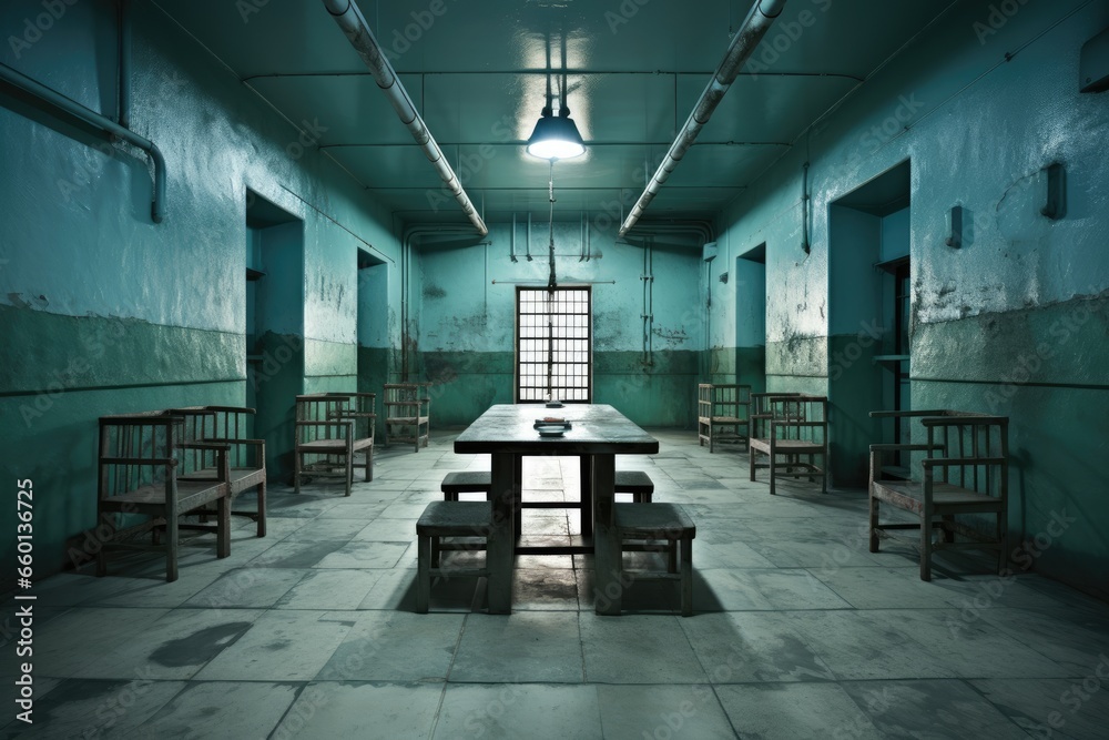 An empty, dilapidated prison cell with a table, chairs, and a single ...