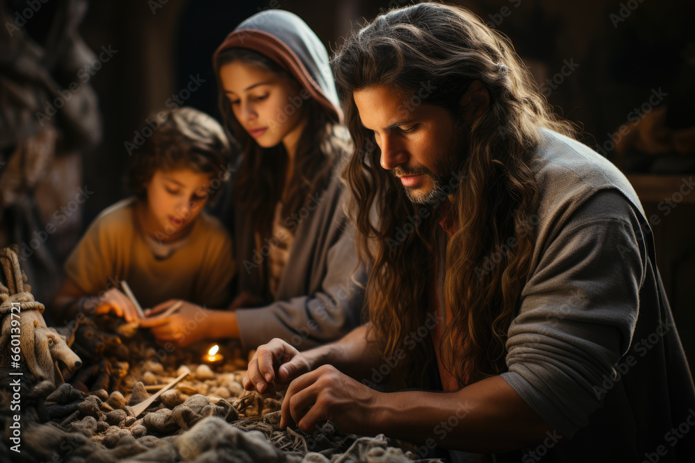 A family preparing a Las Posadas nativity scene in their home, complete ...