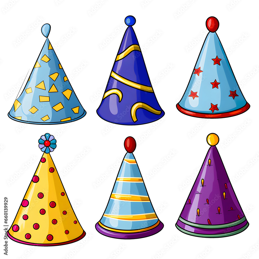 cartoon clipart of Party hats in different designs, birthday clipart ...