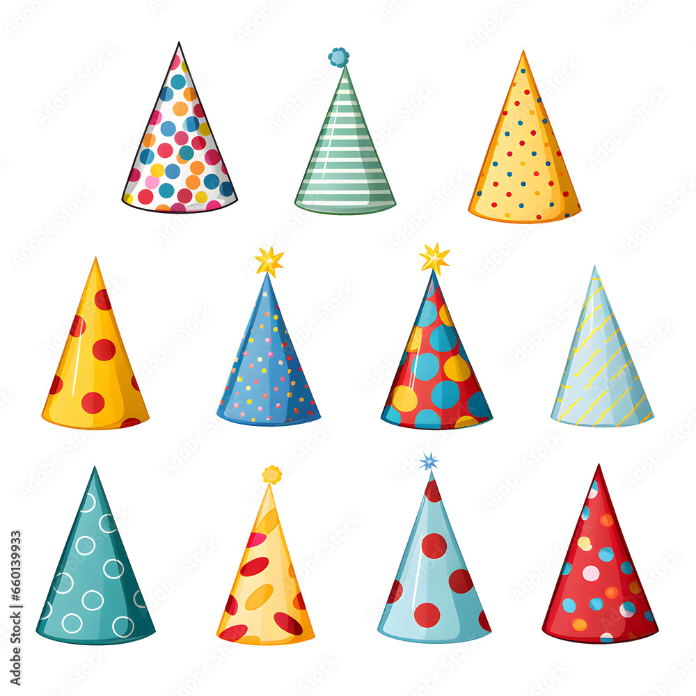 cartoon clipart of Party hats in different designs, birthday clipart ...