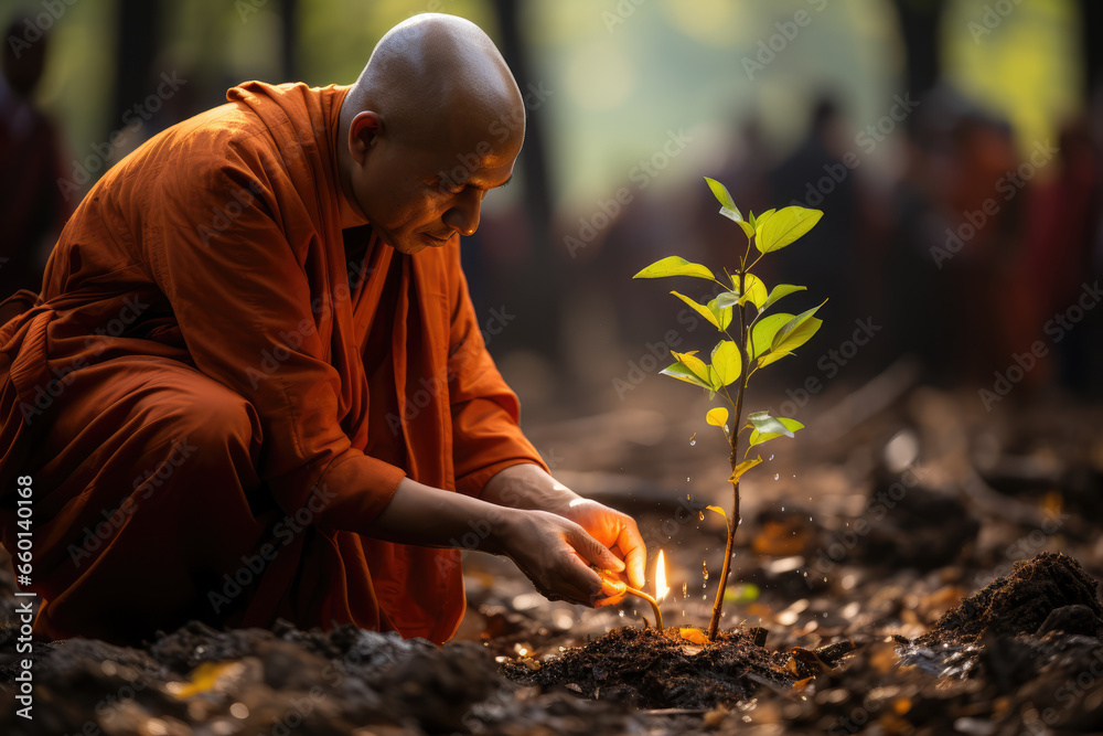 A Bodhi tree sapling being planted as a symbol of spiritual growth and ...