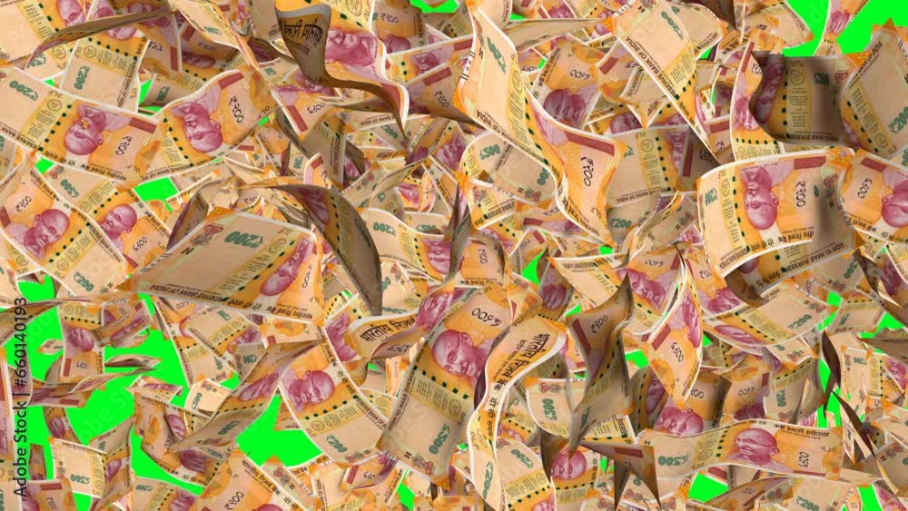 200 Rupee money transition. Many banknotes falling on chromakey ...