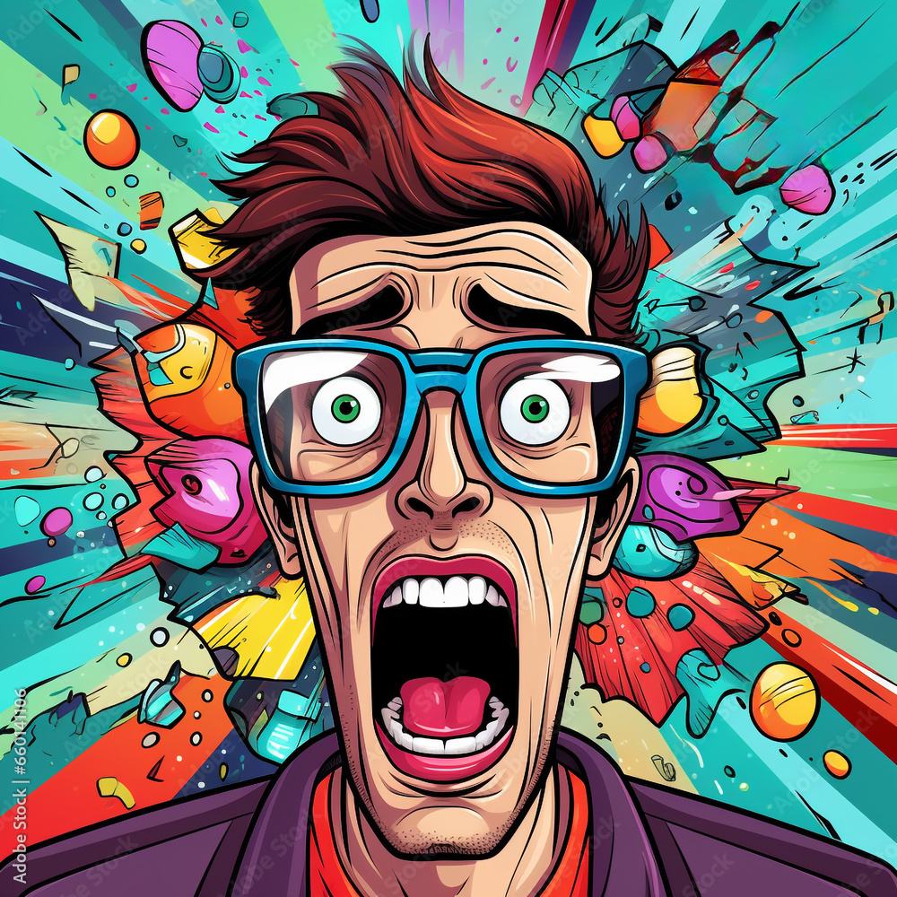 crazy expression man with glasses on human emotions. Comic book cartoon ...