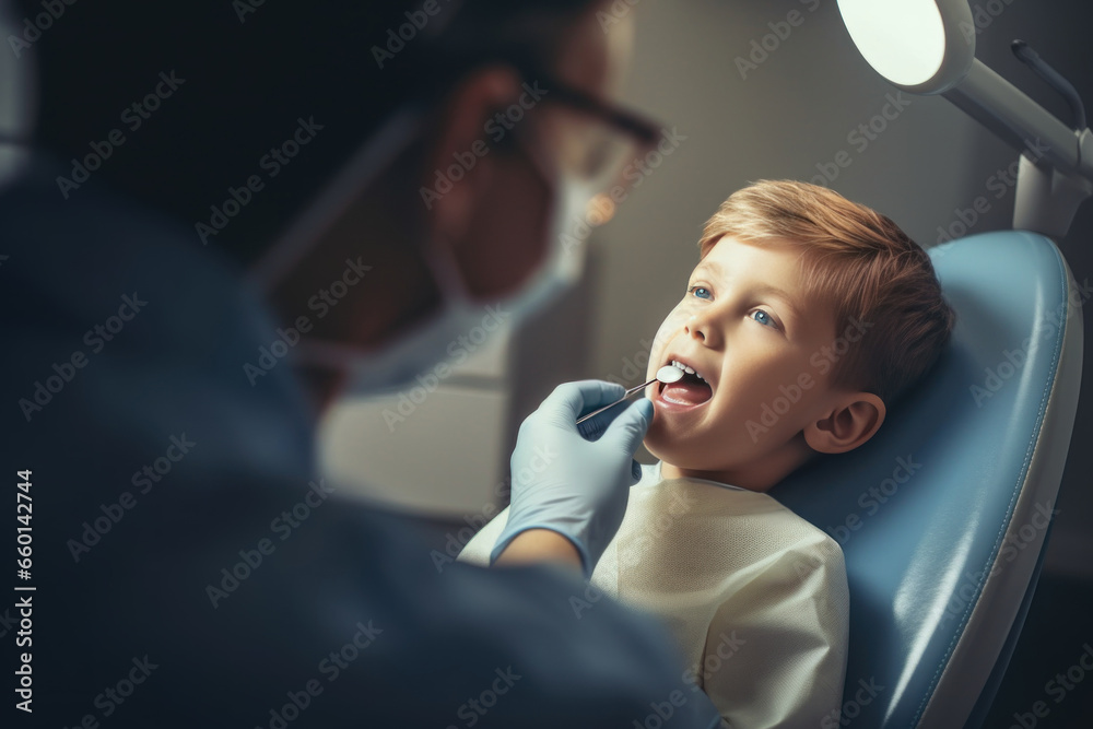 Dentist and child patient in dental clinic. Little boy on dental ...