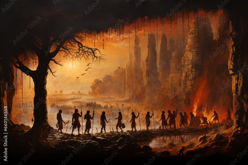 A cave painting depicting early humans hunting, offering a glimpse into ...