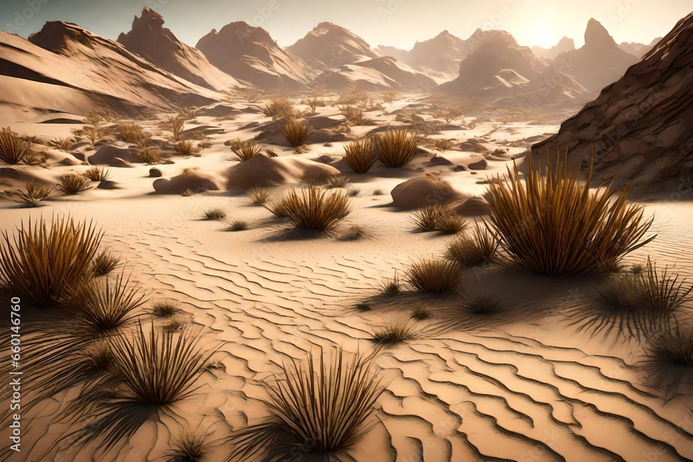 a scene featuring a close-up view of a dry desert terrain, with sparse ...