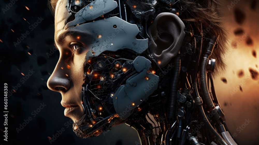 Portrait of a cyborg, half human and half machine, torn between its ...