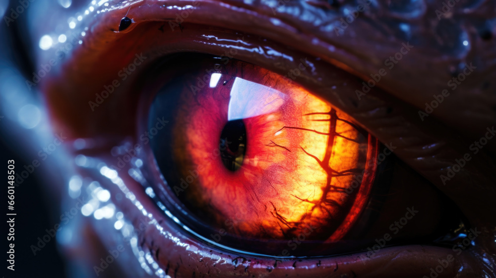 Closeup of a hybrids face, with one eye being the bright, glowing color ...