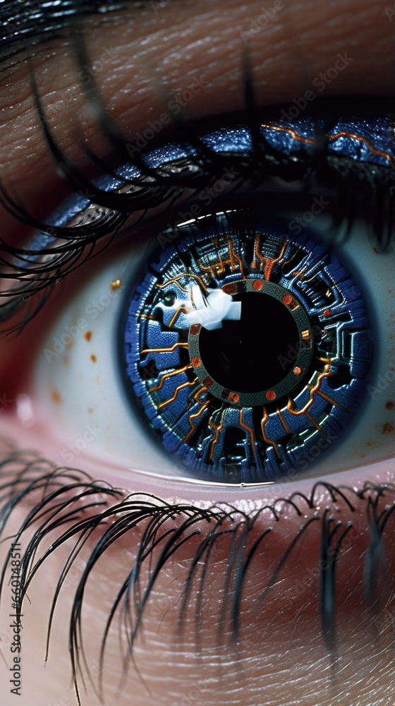 Closeup of a human eye, with tiny metallic tendrils protruding from its ...