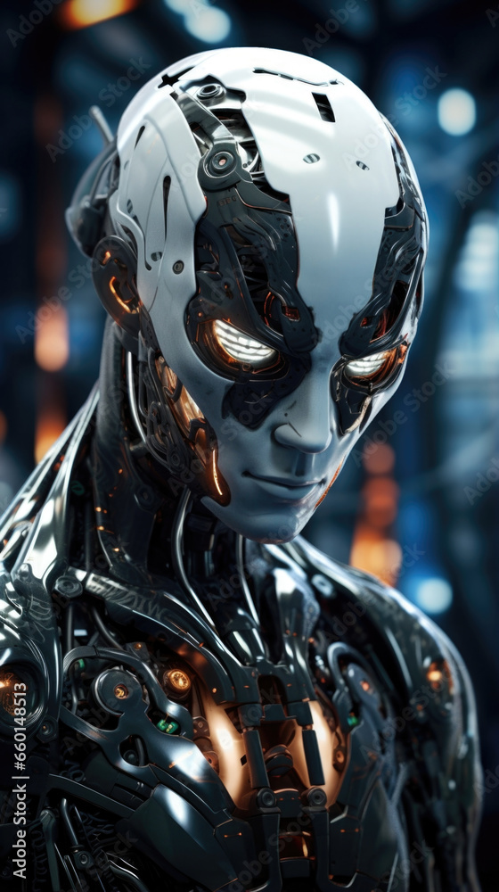 Future of a robotic alien race, their mechanical bodies emitting sparks ...