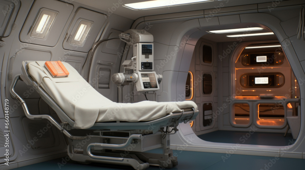 Scifi scene of a rehabilitation room on a spacecraft, equipped with a ...
