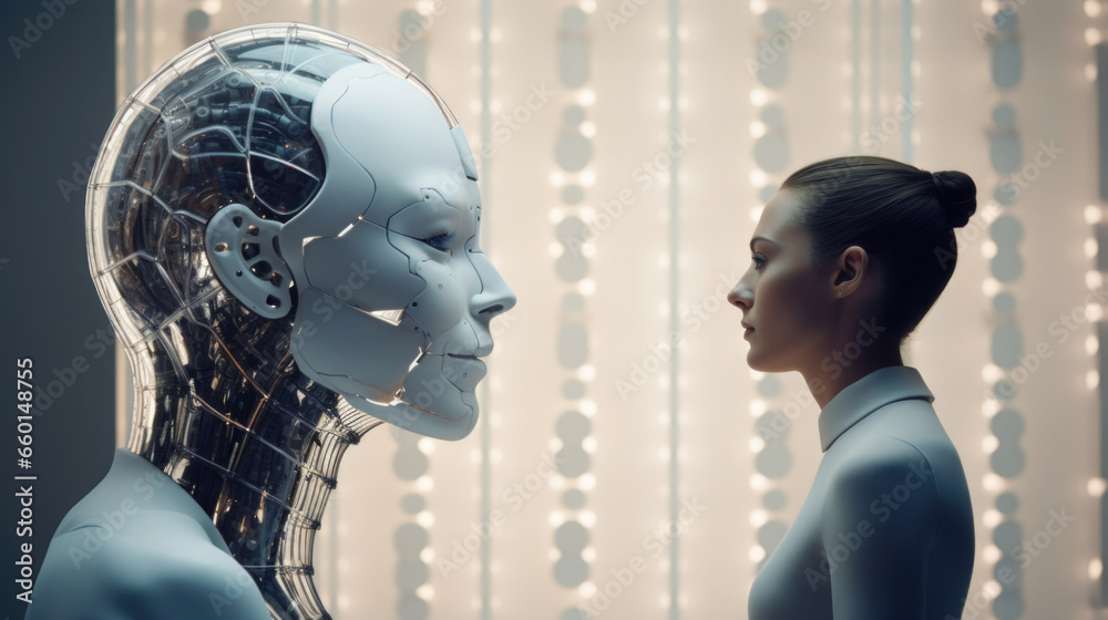 Portrait of a human and an alien standing in front of a massive ...