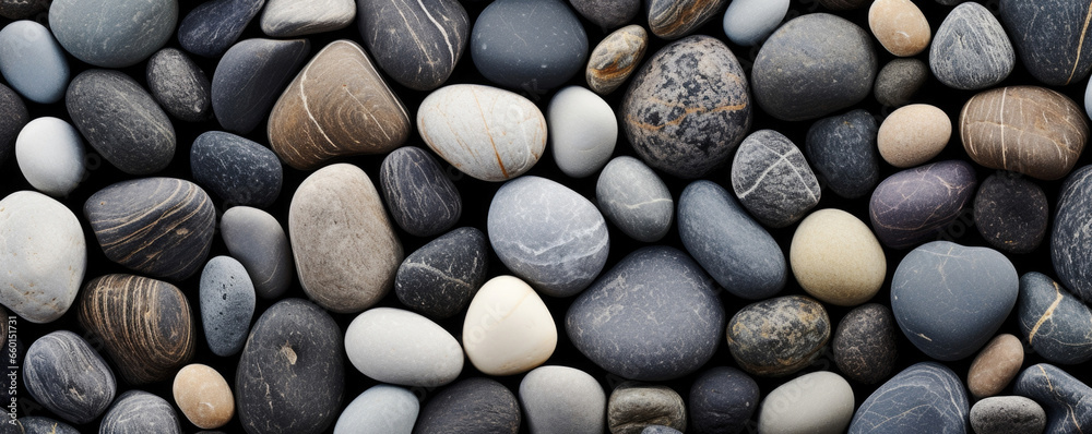 Closeup of speckled pebbles on the riverbed These pebbles have a ...
