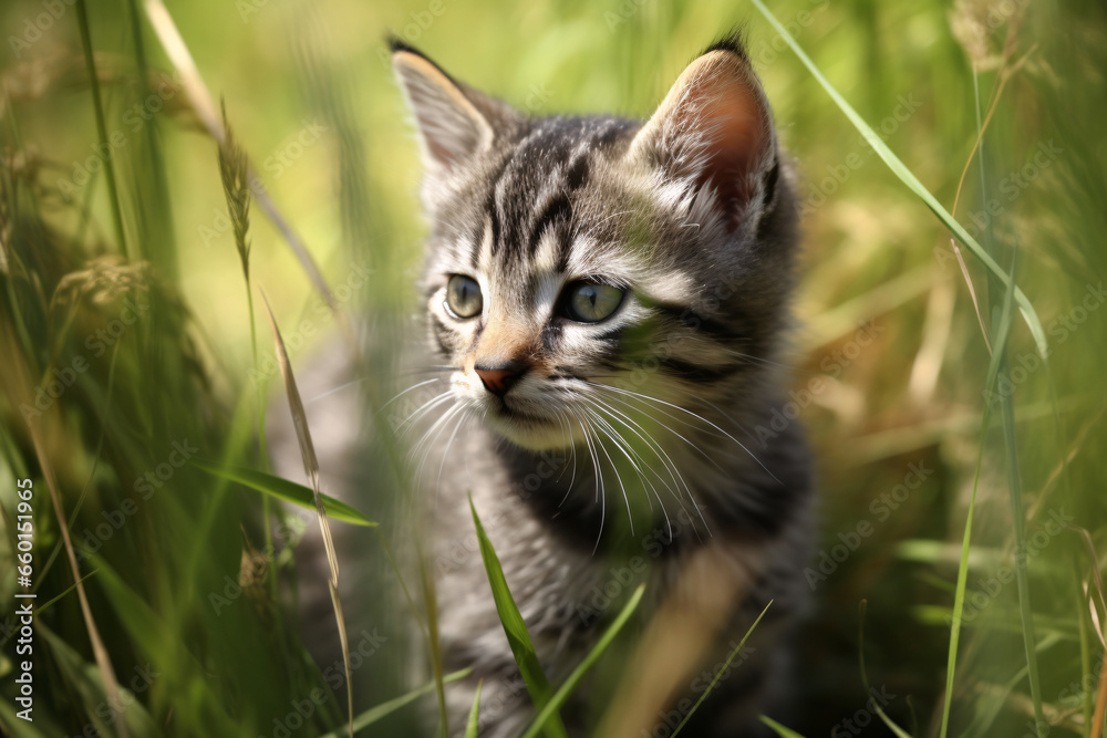 Kleine, junge, grau getigerte Katze im sommerlichen Gras, Generative AI ...