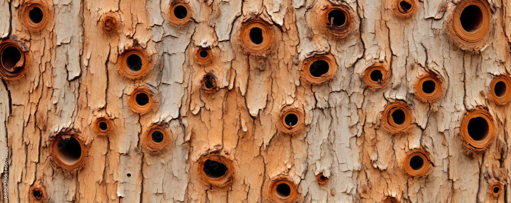 Texture of a maple tree bark covered in deep, elongated holes made by a ...