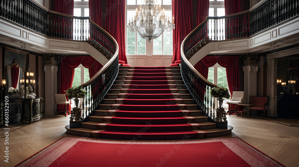 A grand entrance hall with a sweeping staircase chandelier and red ...