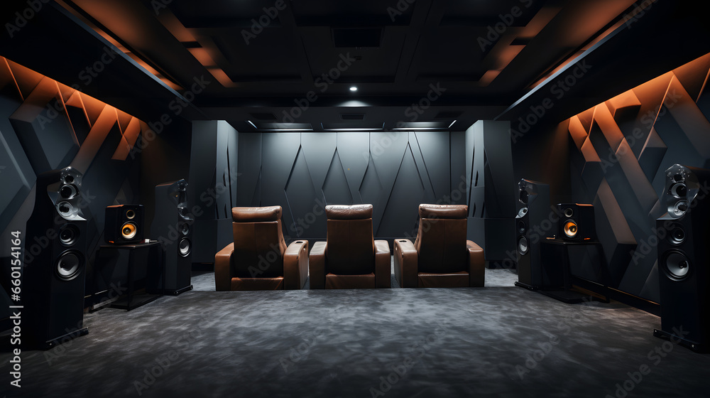 Luxury cinema room with acoustic wall panels subwoofers and a wide ...