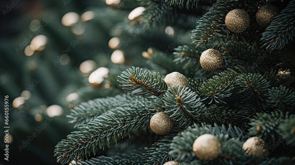 Christmas tree background. Macro closeup of hanging branches and green ...