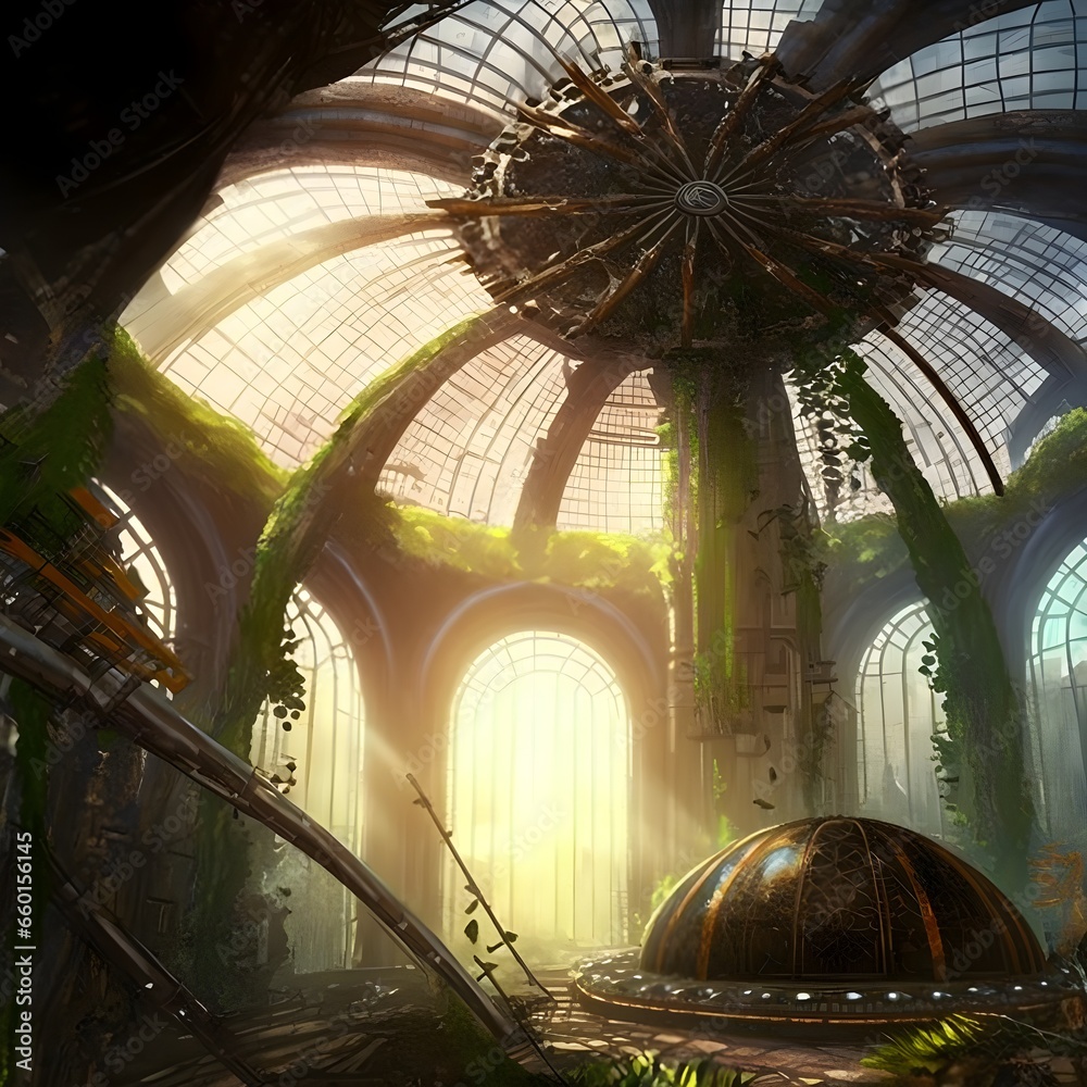 photograph of inside a retrofuturistic and steampunk domed utopia city ...