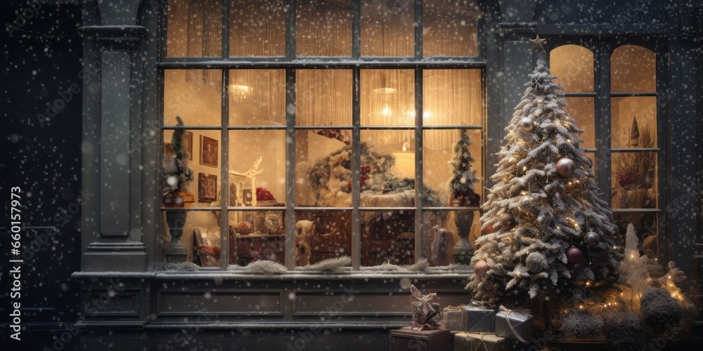Festive Storefront Delight: A Christmas Tree Wonderland in a Shop ...