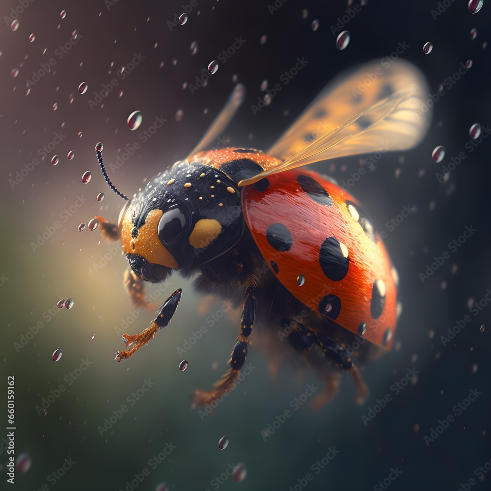 realistic photo of a prototype of A ladybug in flight with wings spread ...