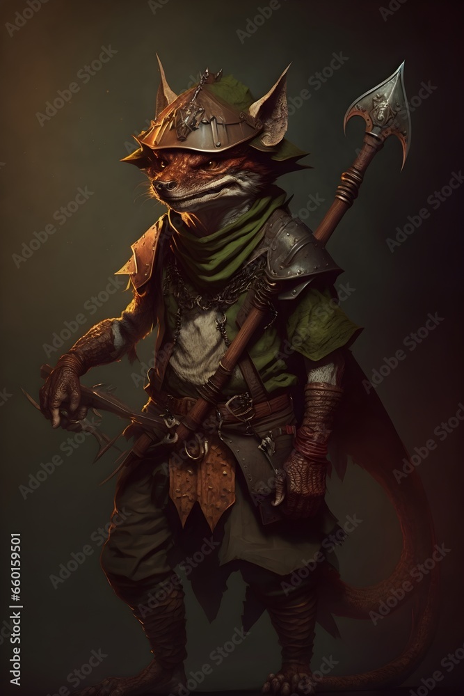 full length Full body brown colored male kobold green tricorne bow in ...