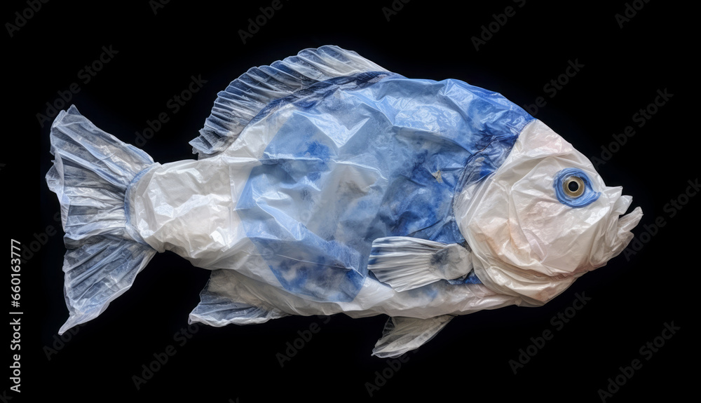 Fish made of plastic bags are swiming in the ocean. Contamination of ...