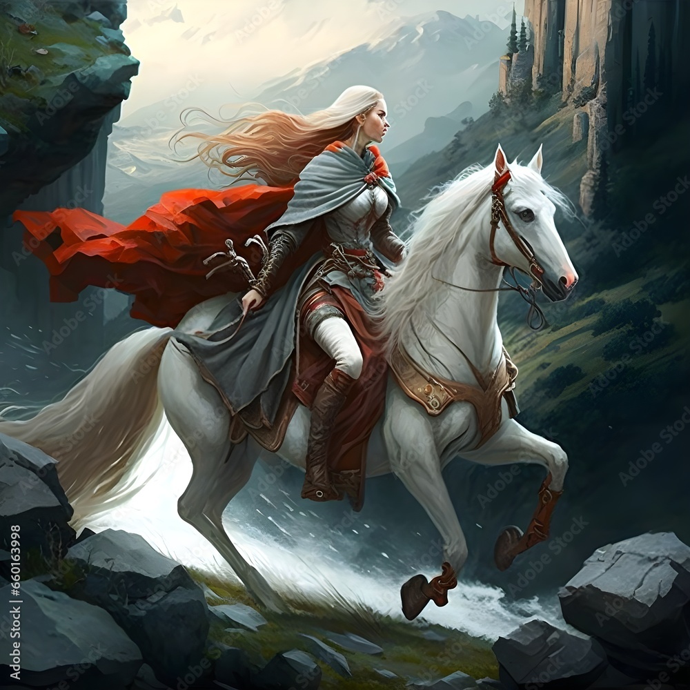 an female elf in a hooded grey cloak she is riding a powerful white ...