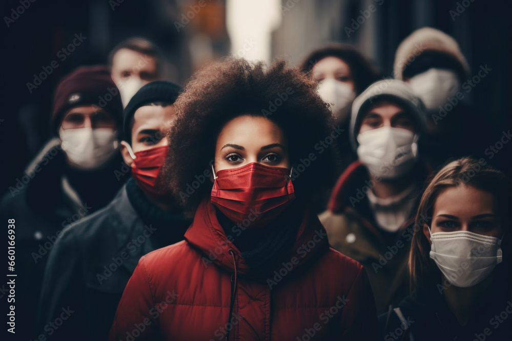 A crowd of people of different nationalities wearing face masks walk ...