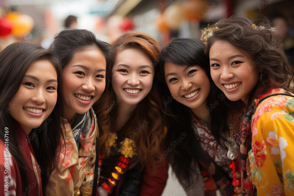A group of girls of Asian nationalities laugh and look at the camera on ...