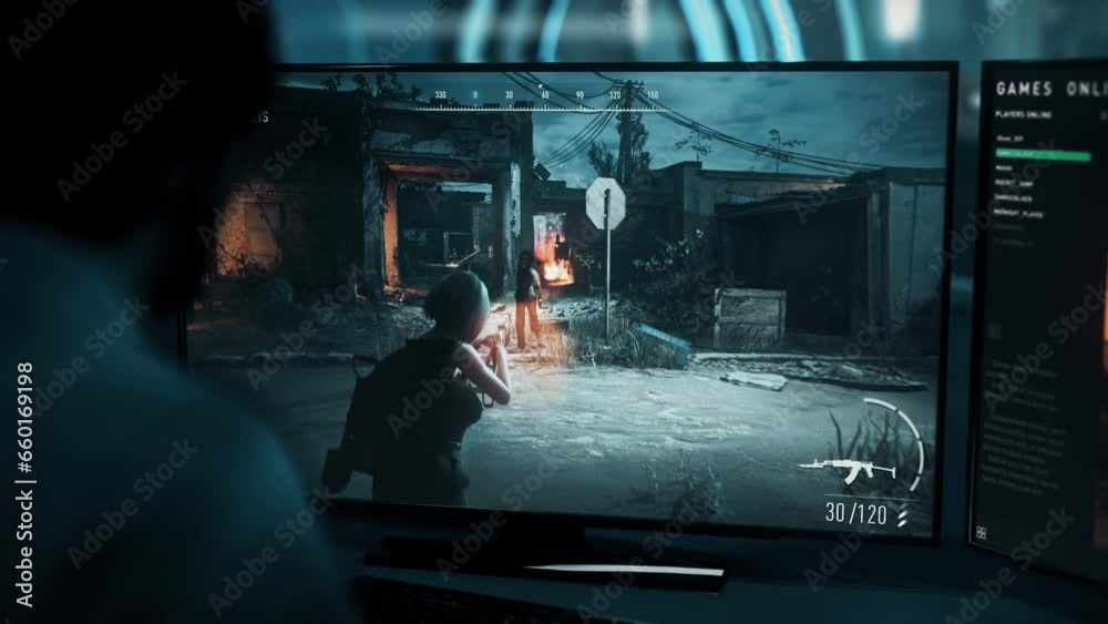 Playing the modern horror shooter computer video game. Playing the ...