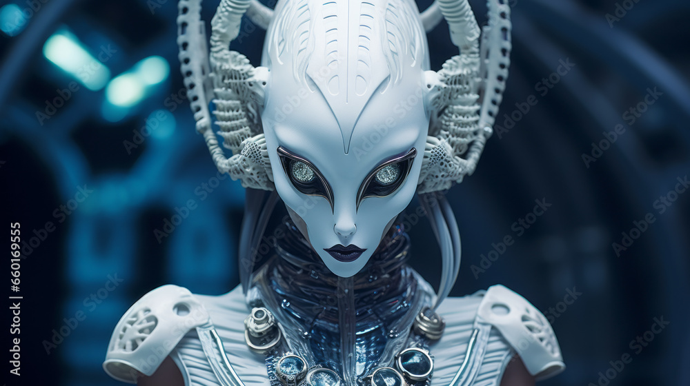 Extraterrestrial alien Queen with glowing eyes standing in a futuristic ...