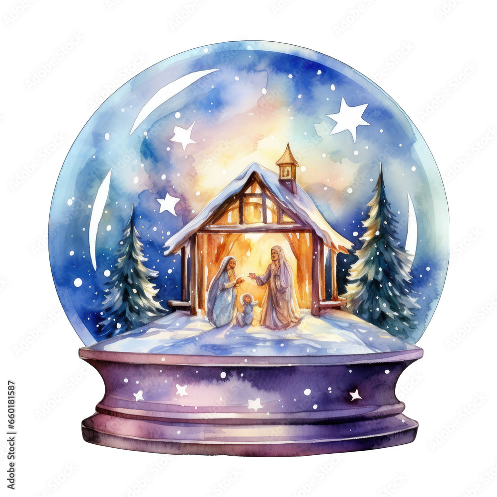 Christmas snow globe, nativity scene watercolor illustration. Isolated ...