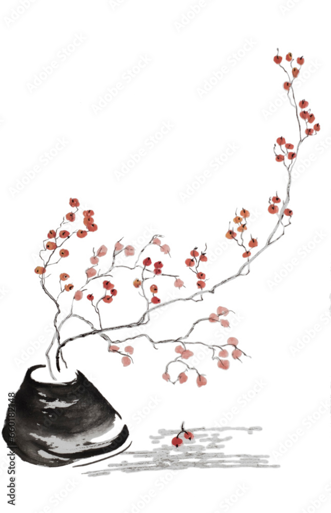 Ikebana of twig with red berries. (painted with ink and Chinese ...