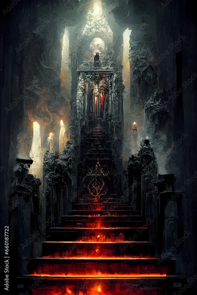 grand satanic altar small staircase leading up dungeon atmosphere ...