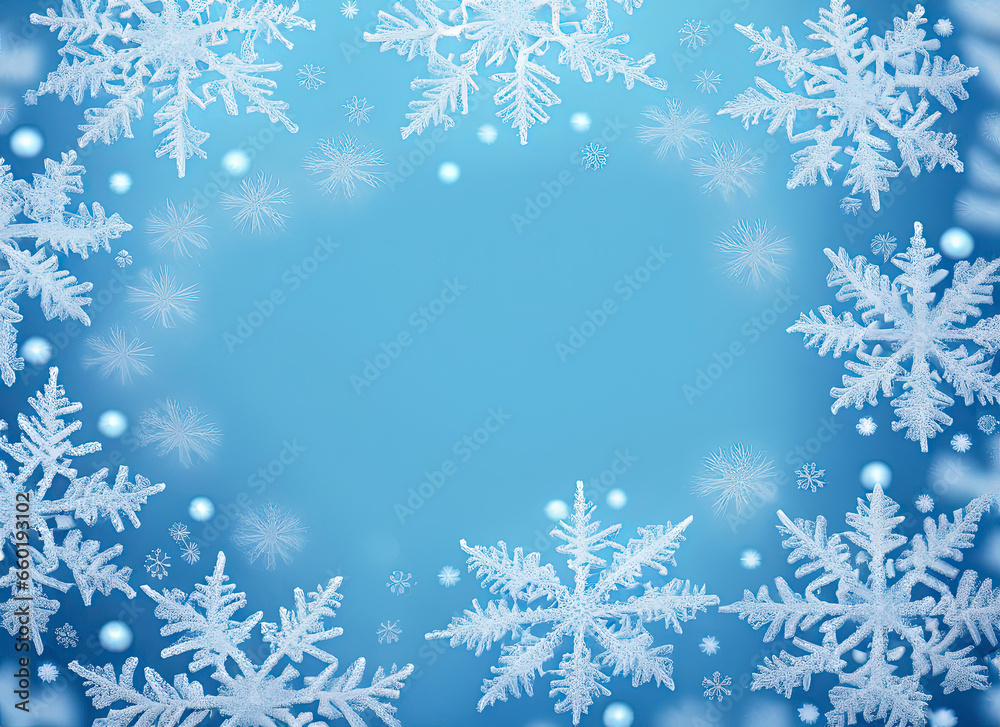 Snowflakes on a light blue background with empty copy space in the ...