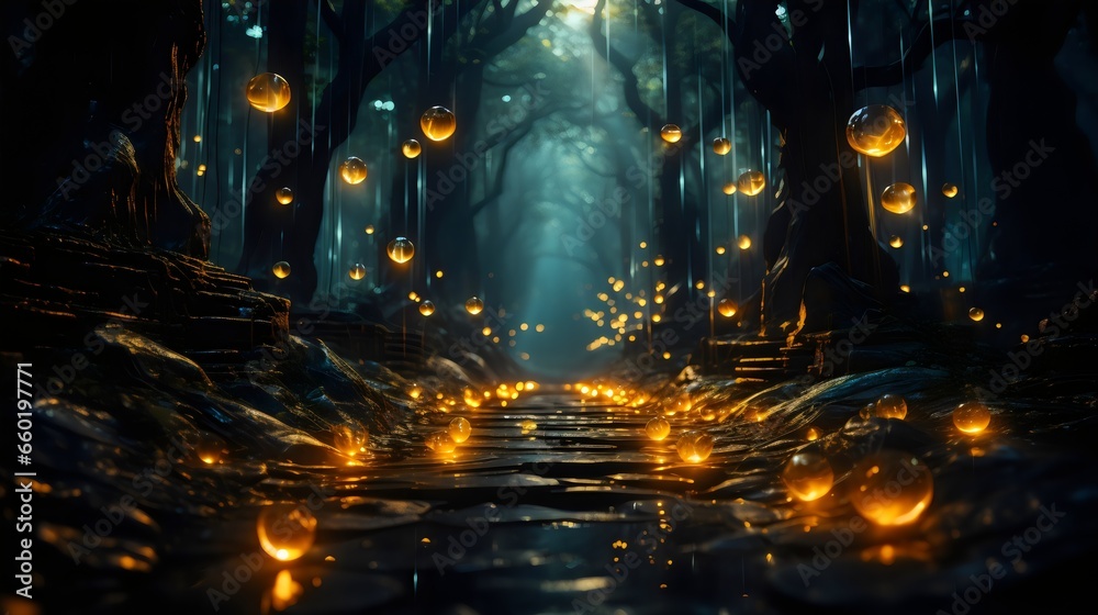 Generative AI created illustration of light trails created by fireflies ...