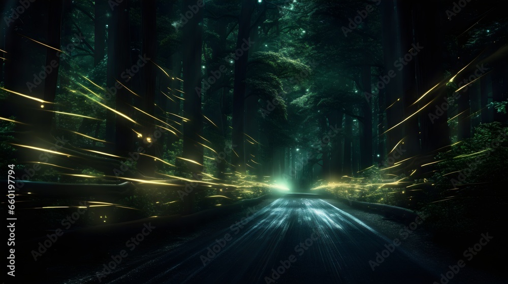 Generative AI created illustration of light trails created by fireflies ...