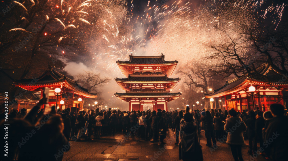 New Year's Eve celebration with lots of fireworks in Japan Above a ...