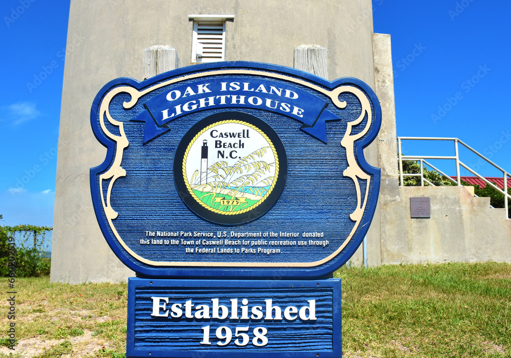 Oak Island Lighthouse Sign, Caswell Beach, North Carolina, USA Stock ...